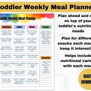 Toddler Weekly Meal Planner With Nutrition Color Chart, Weekly Meal ...