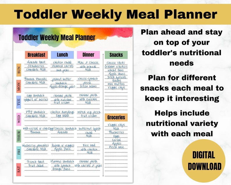 Toddler Weekly Meal Planner With Nutrition Color Chart, Weekly Meal ...