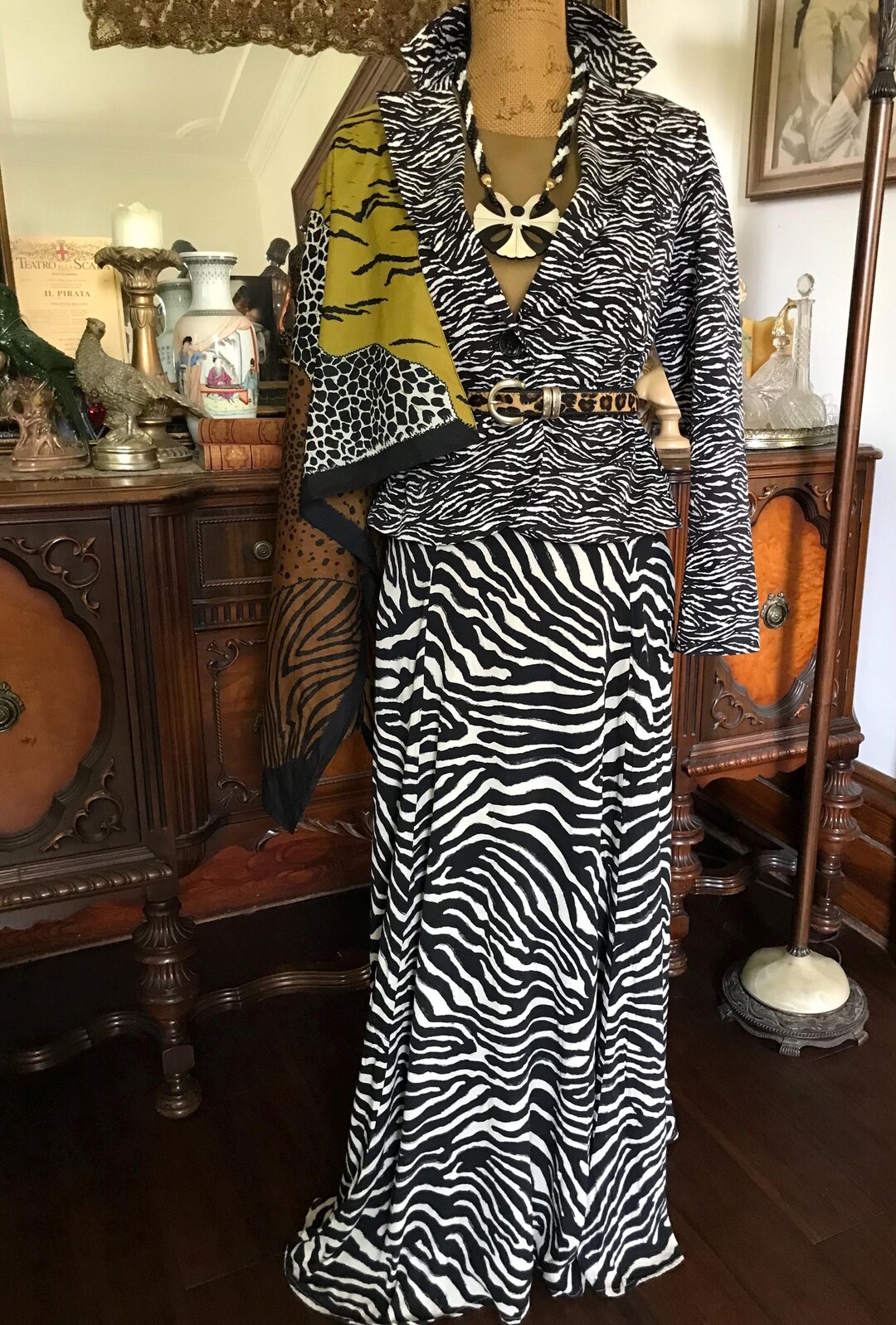Vintage EPIC Safari-inspired Boho Zeebra Print Skirt and Blazer, Satin ...