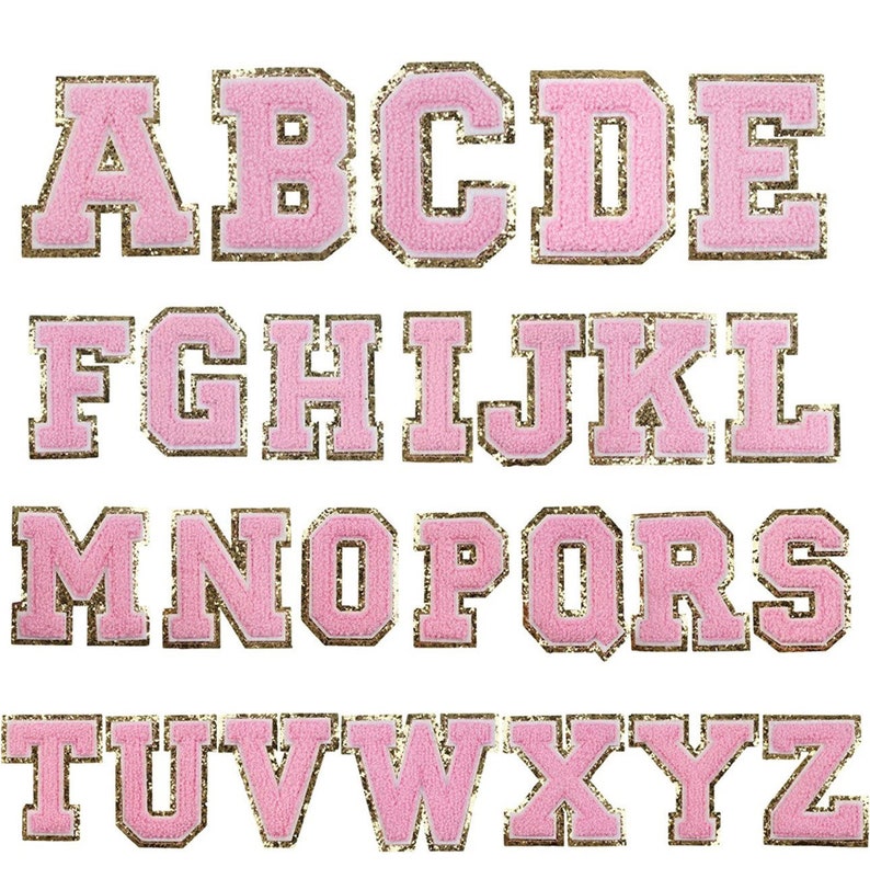 NEW Pink Chenille Letter Patches. Approx. 3.14 In. PINK With GOLD ...
