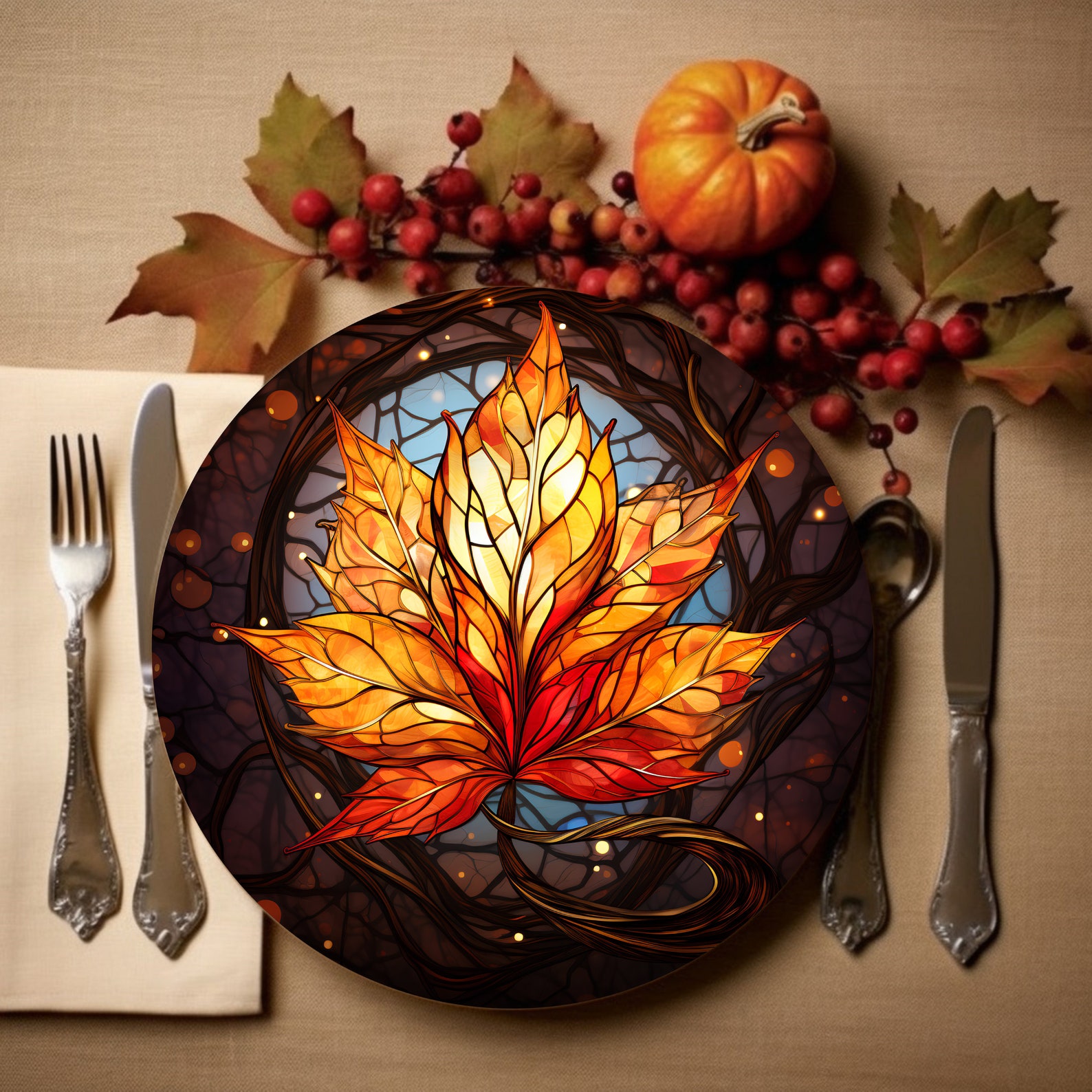Bone China Orange and Gold Leaf Dinner Plate, Fall Kitchen Thanksgiving ...