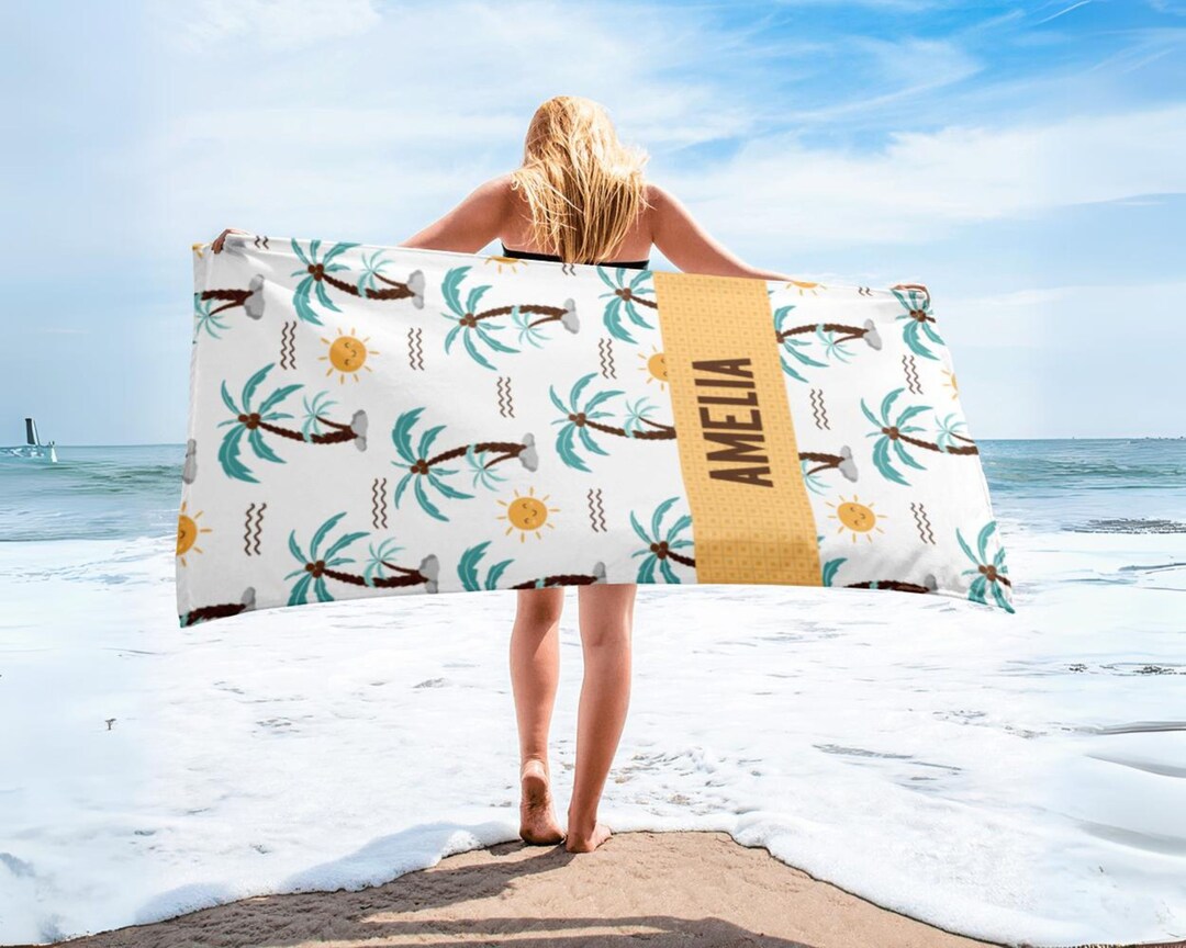 Personalized Palm Tree Preppy Towel Custom Gift, Tropical Retro Beach ...