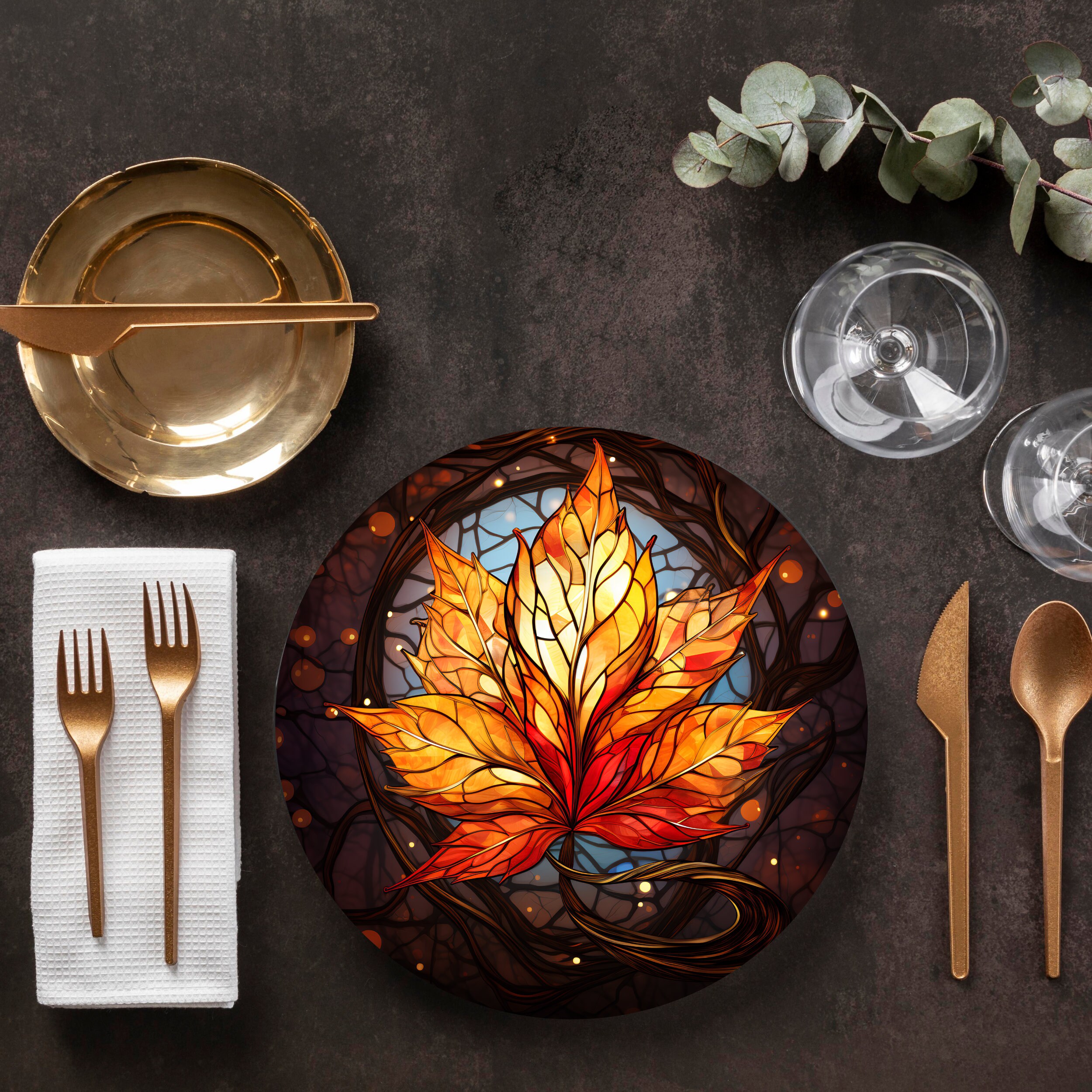 Bone China Orange and Gold Leaf Dinner Plate, Fall Kitchen Thanksgiving ...