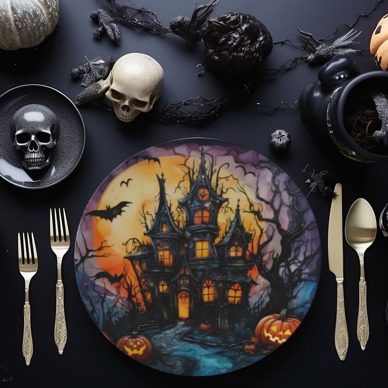 Bone China Halloween Haunted Mansion Plates Haunted House - Etsy