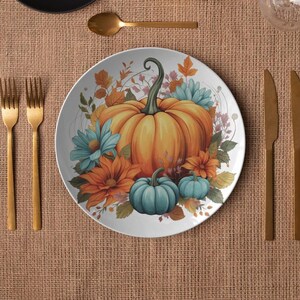Thermosaf Polymer Orange and Blue Floral Pumpkin Plates, Thanksgiving ...