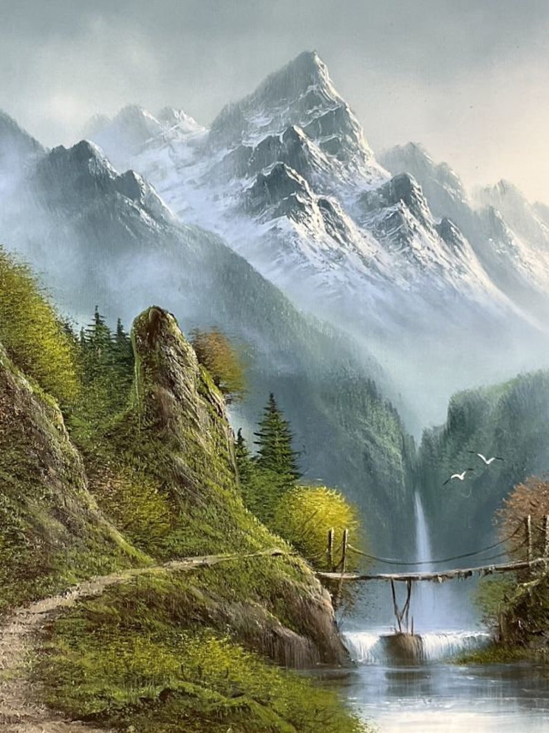 True Work Oil Painting G. JUN Landscape Mountain Forest Waterfall With ...