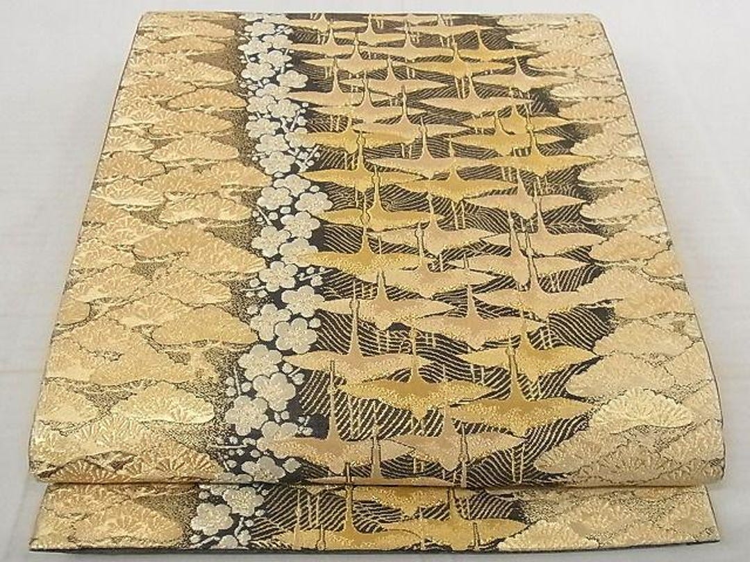 Six-way Pattern Obi With Pine, Plum and Crane Motifs, Gold and Silver ...