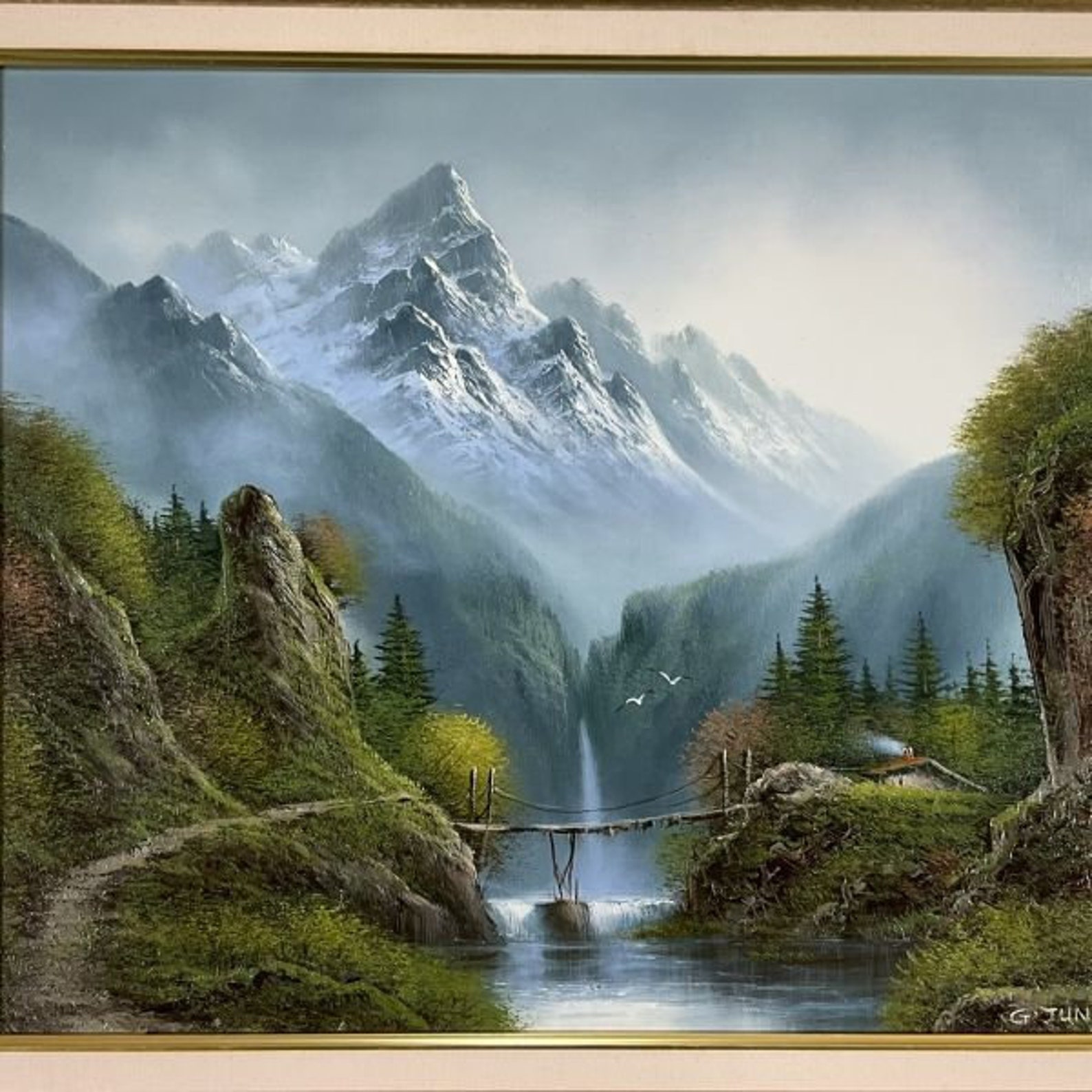 True Work Oil Painting G. JUN Landscape Mountain Forest Waterfall With ...