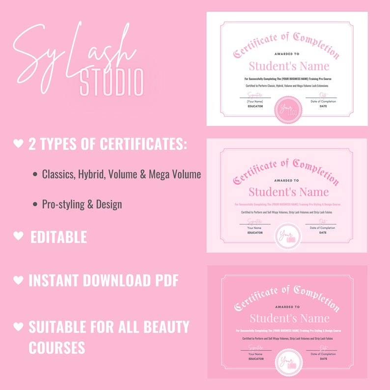 Editable Lash Certificate Template 3 Certificates - Etsy