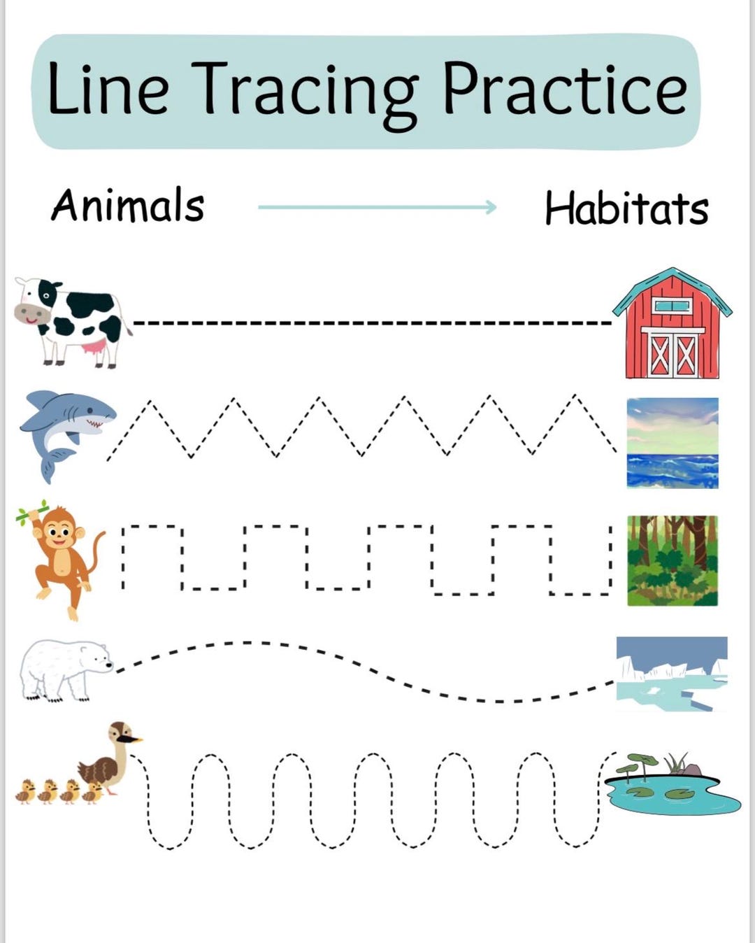 Line Tracing Practice Worksheet- Animal/habitat Themed - Etsy