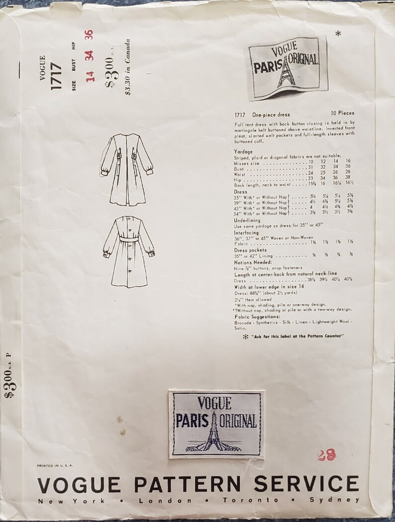 Vogue 1717 Christian Dior Factory Folded Sewing Pattern Vintage 1960s ...