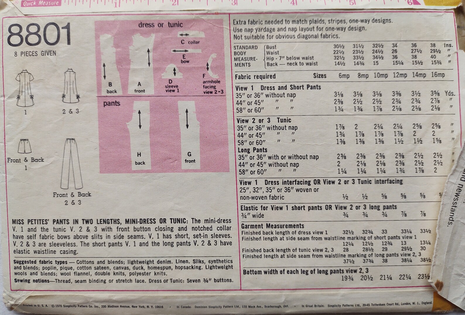 1970s Vintage Simplicity 8801 Sewing Pattern - Etsy