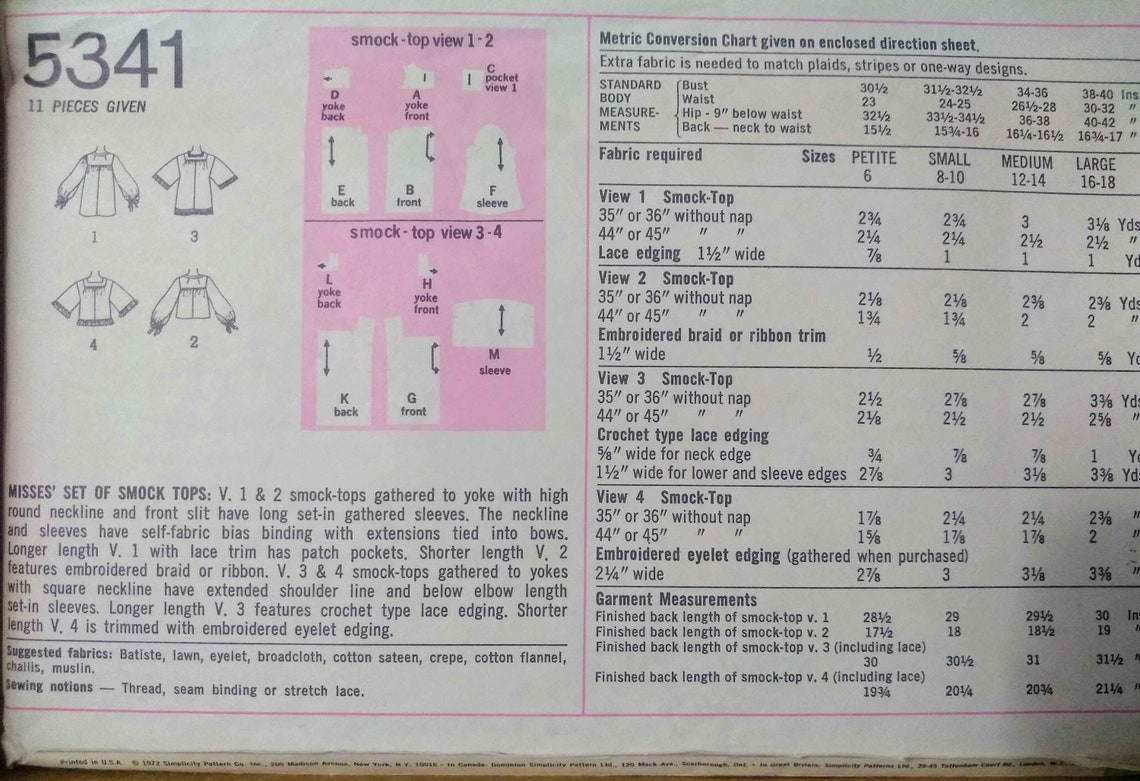 1970s Vintage Simplicity 5341 Sewing Pattern Misses Top - Etsy