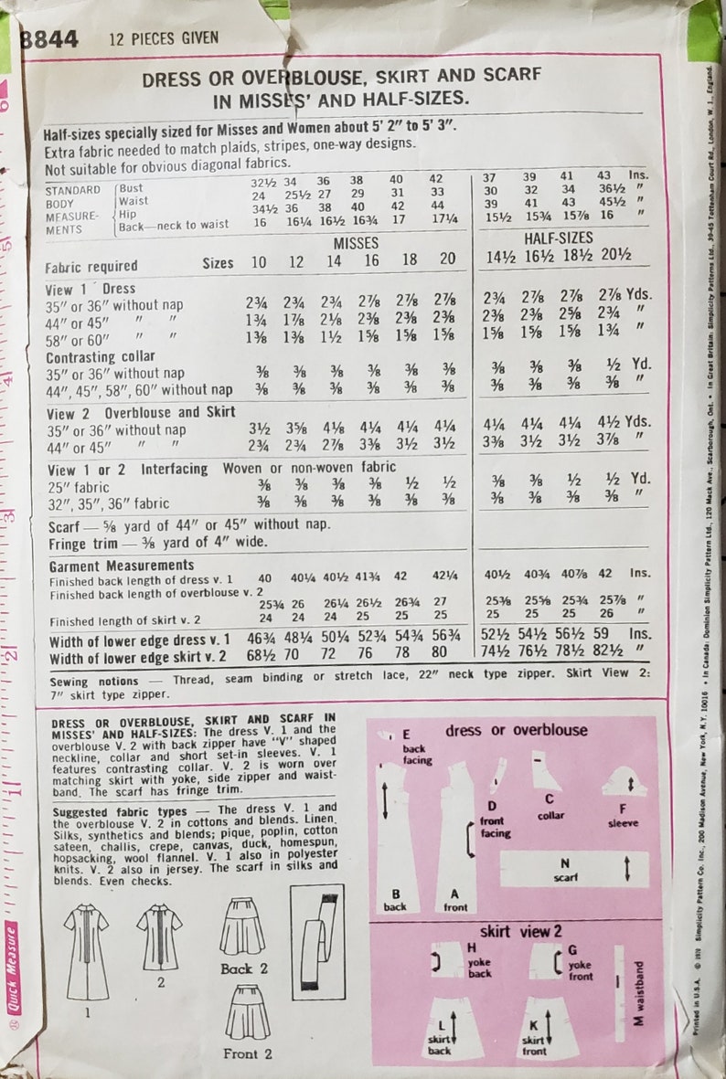 Simplicity 8844 Sewing Pattern 1970s Vintage - Etsy