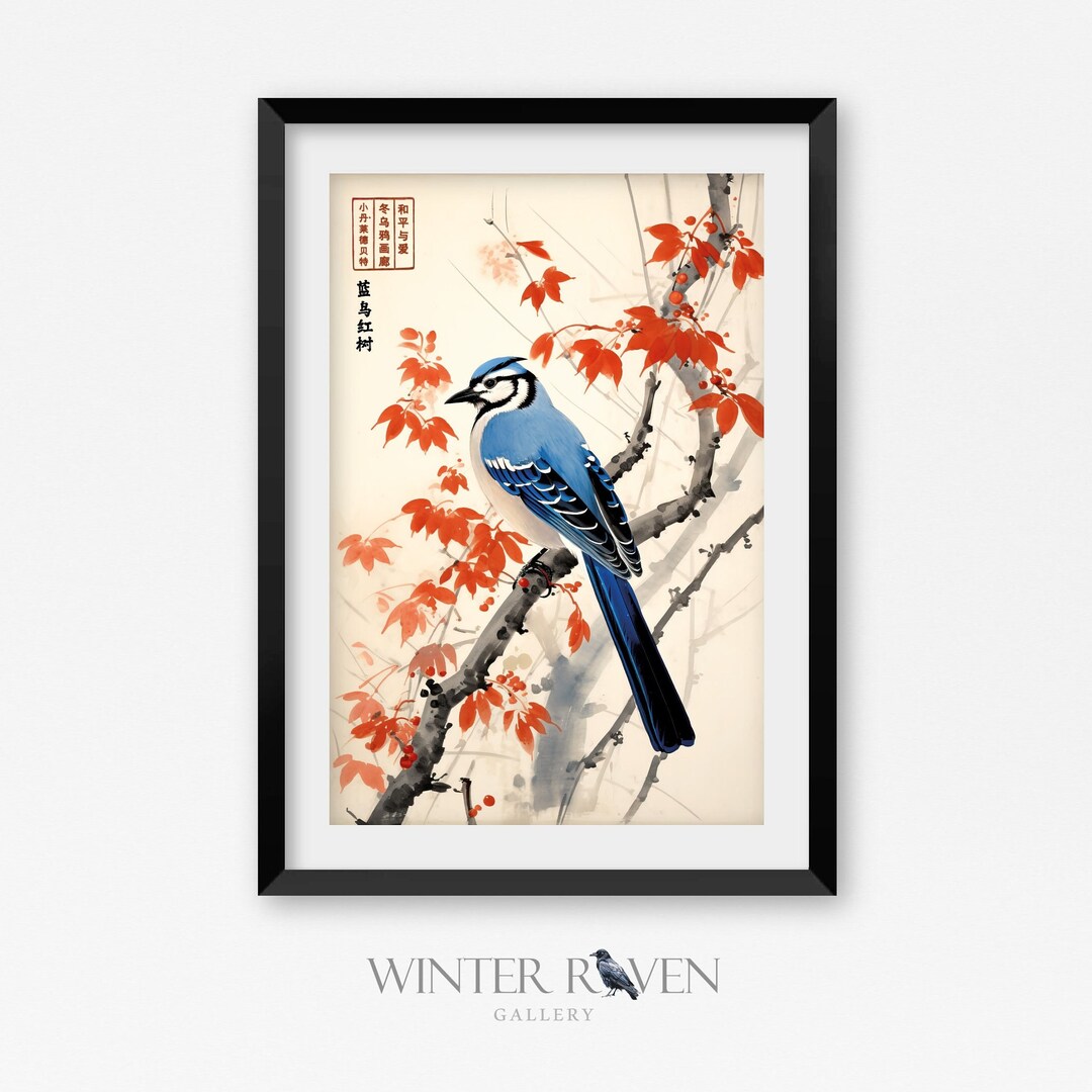 Blue Jay Framed Wall Art, Chinese Art Style, Watercolor Blue Jay ...