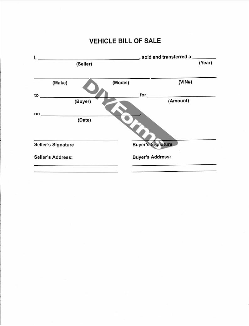 Printable Motor Vehicle Bill of Sale Template - Easy DIY Legal Transfer ...