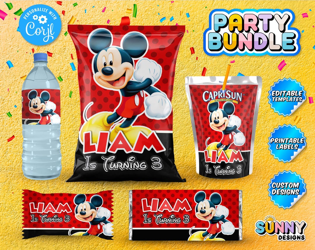 EDITABLE Mickey Mouse Labels - 5 Labels Party Bundle - Chip Bag - Juice ...