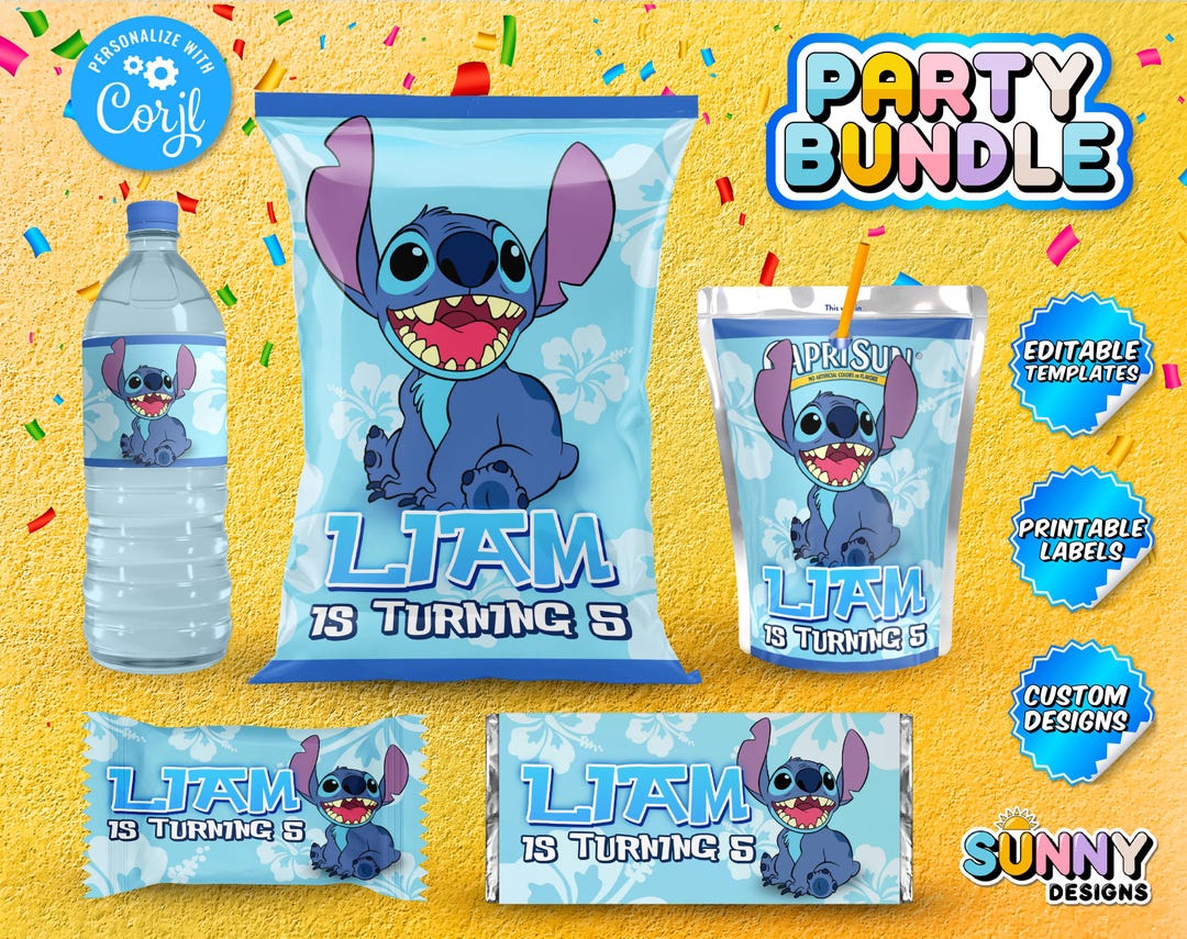 EDITABLE Stitch Labels - 5 Labels Party Bundle - Chip Bag - Juice Bag ...