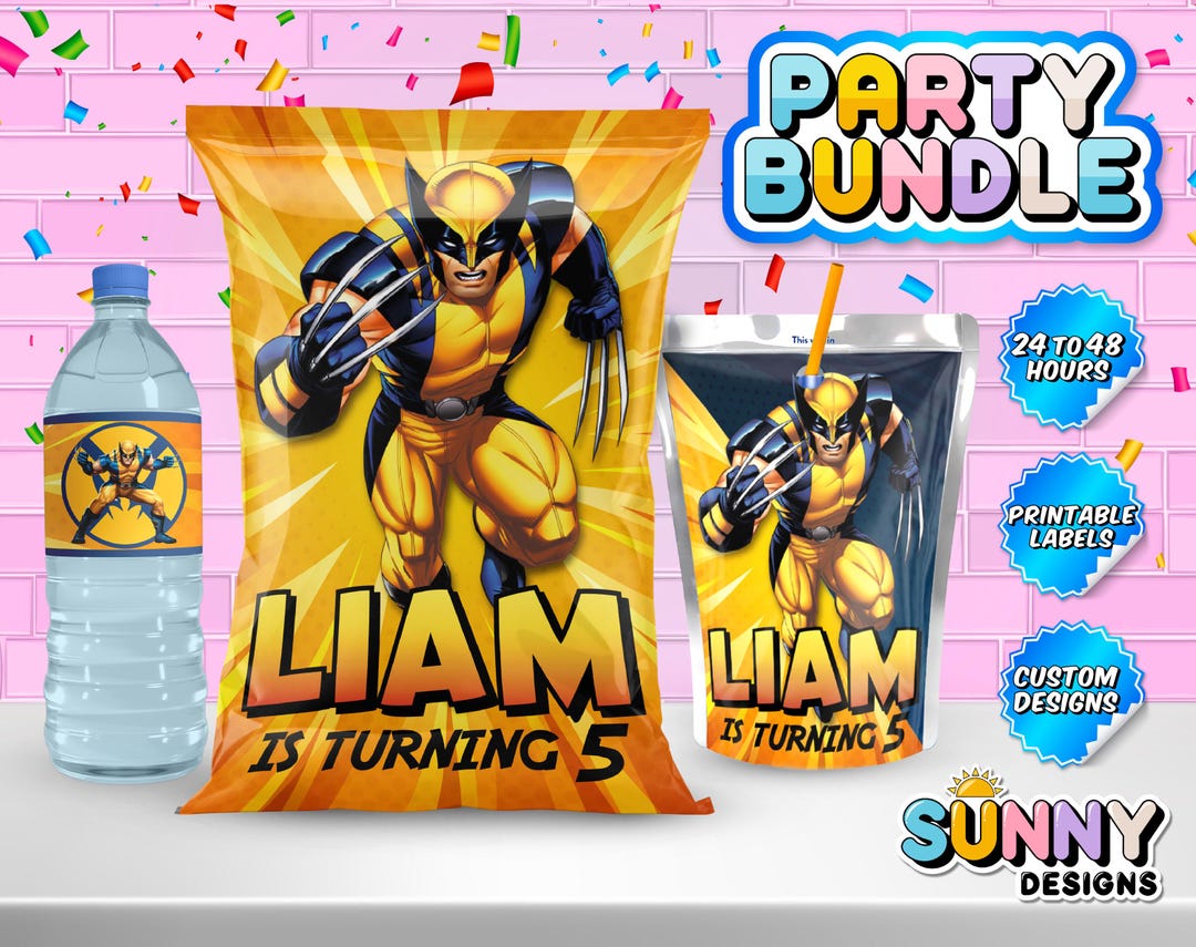 Wolverine Birthday Party Bundle Chip Bag Juice Bag Labels Water Bottle ...