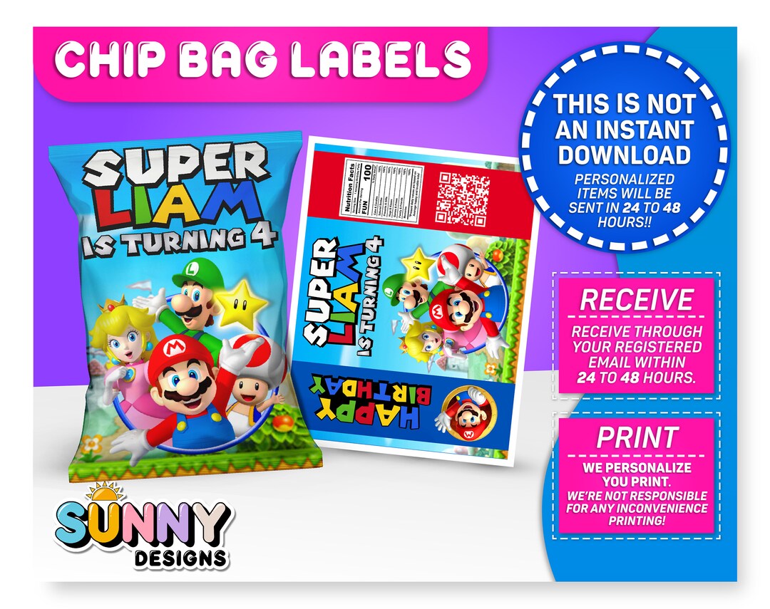 Mario Chip Bag Labels Mario Party Treats Mario Party - Etsy