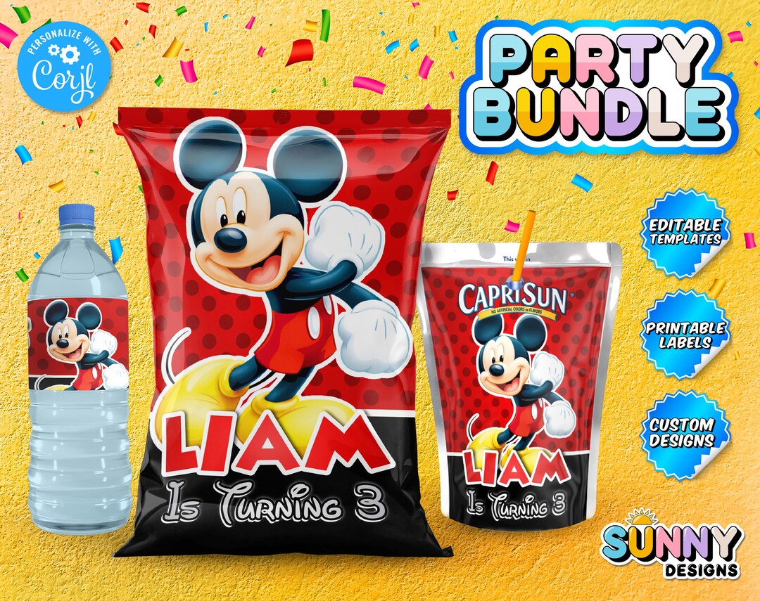 3 EDITABLE Mickey Mouse Labels Party Bundle Chip Bag Juice Bag Water ...