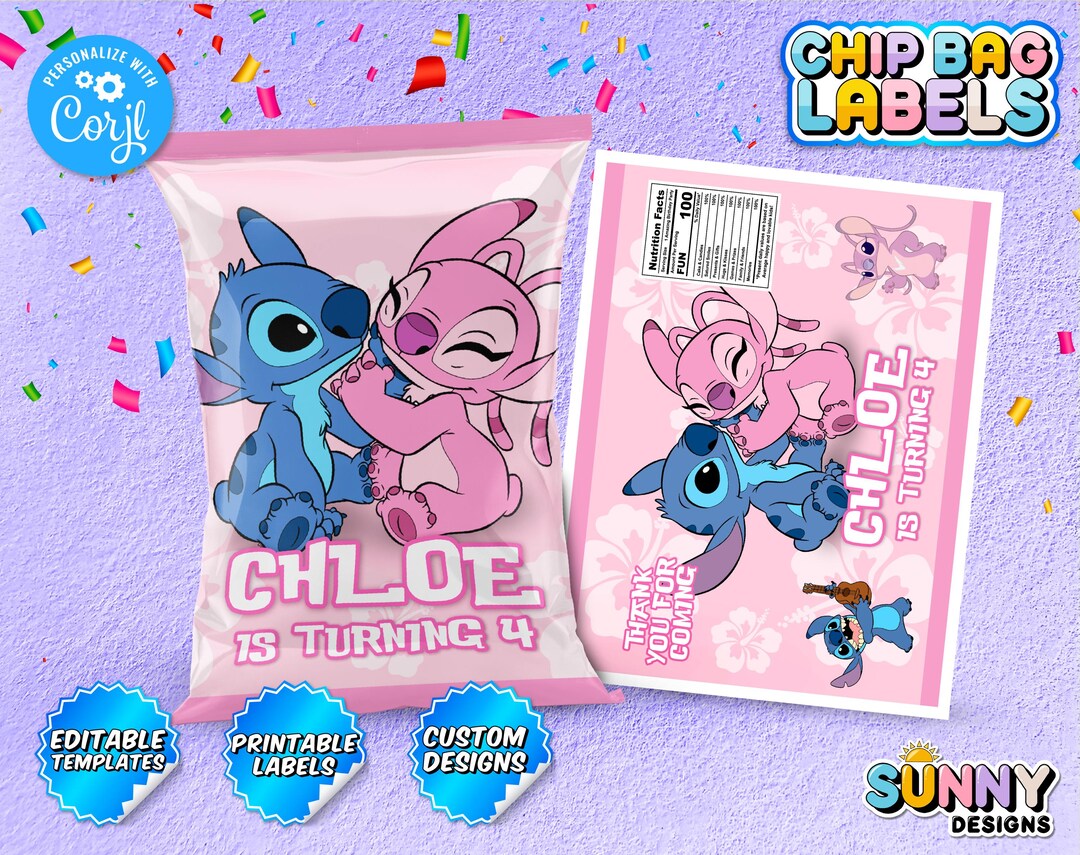 EDITABLE Stitch and Angel - Chip Bag Label - Chip Bag Labels ...