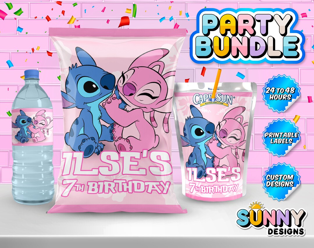 Stitch & Angel Birthday Party Bundle Chip Bag Juice Bag Labels Water ...