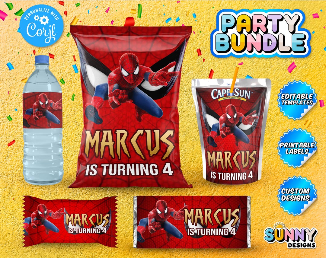 EDITABLE Spider-man Labels - 5 Labels Party Bundle - Chip Bag - Juice ...