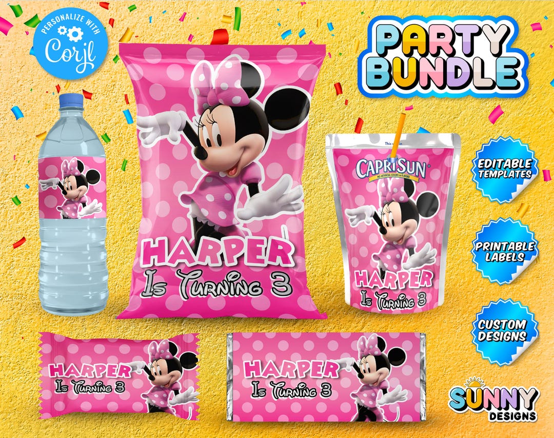 EDITABLE Minnie Mouse Labels - 5 Labels Party Bundle - Chip Bag - Juice ...