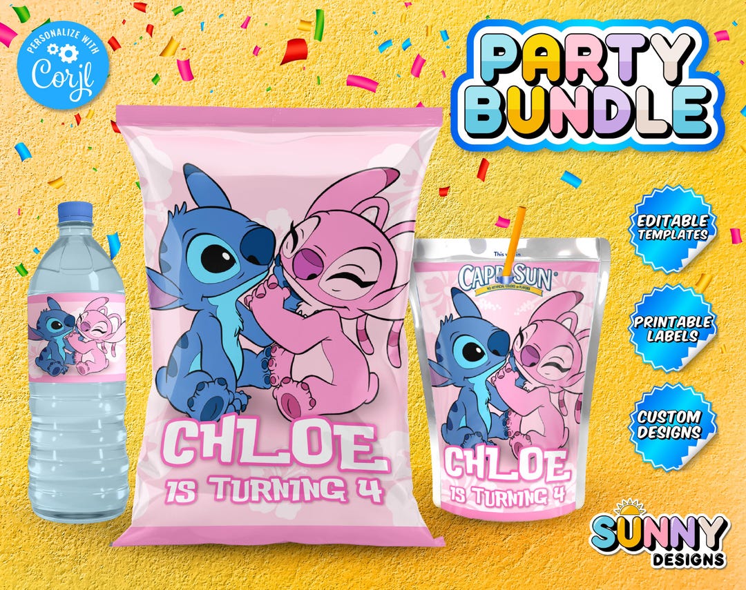 EDITABLE Stitch and Angel Party Bundle - 3 Labels Party Bundle - Chip ...