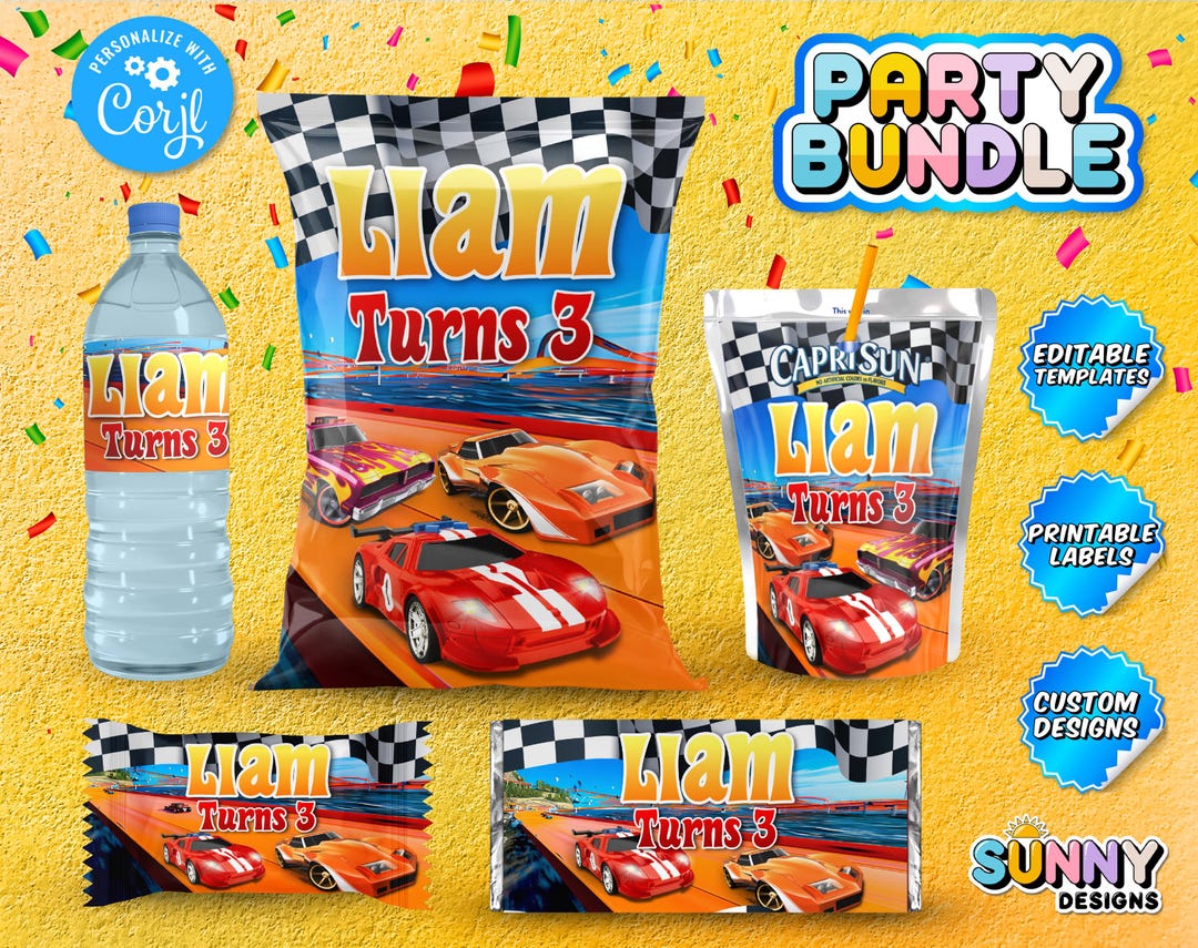 EDITABLE Race Cars Labels - 5 Labels Party Bundle - Chip Bag - Juice ...