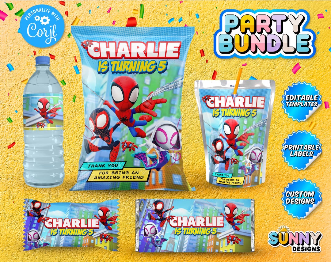 EDITABLE Spidey Labels - 5 Labels Party Bundle - Chip Bag - Juice Bag ...