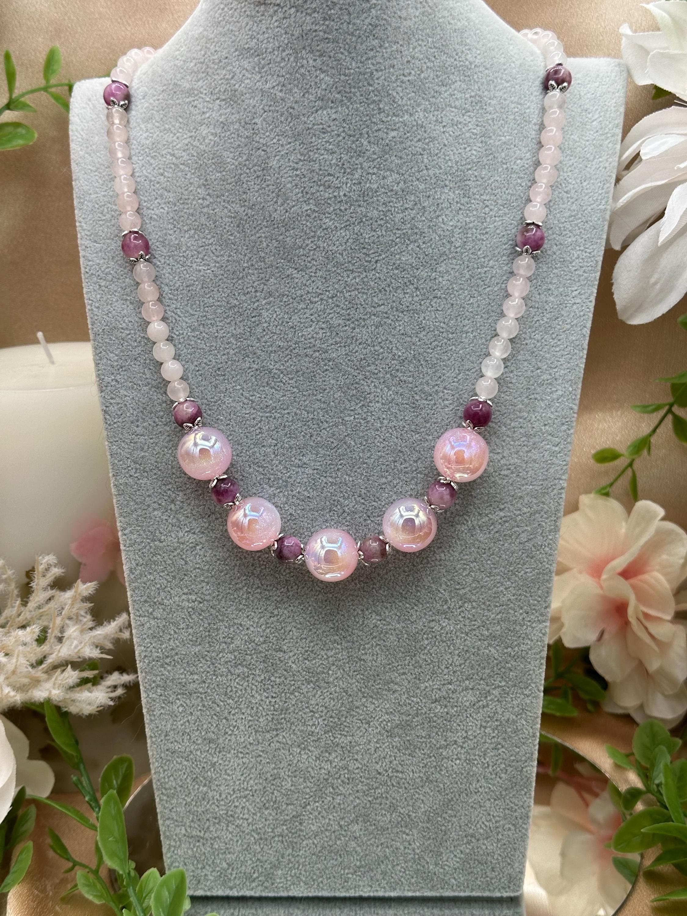 Mermaid Beads | Gemstone Beaded 22” Necklace | Rose Quartz and Charoite ...
