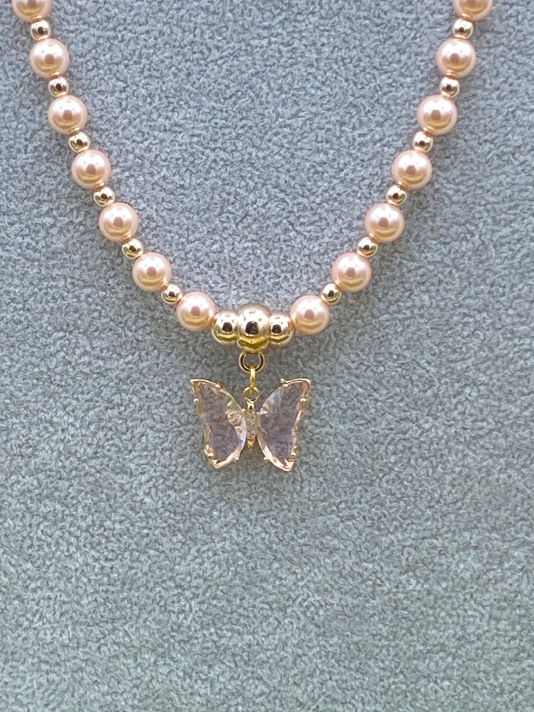 Freshwater Pink Pearl Necklace | Butterfly Pendant | Pink Zirconia ...