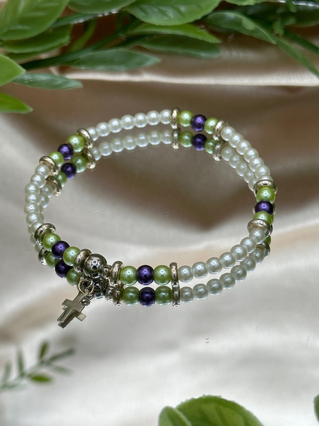 Bracelets Sterling Silver Cross Charm Bracelets 4mm Faux Pearl Beads ...