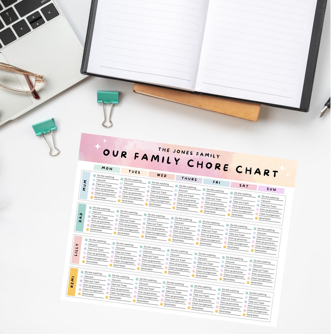 Colorful Family Chore Chart, Editable Chore Chart, Family Planner ...