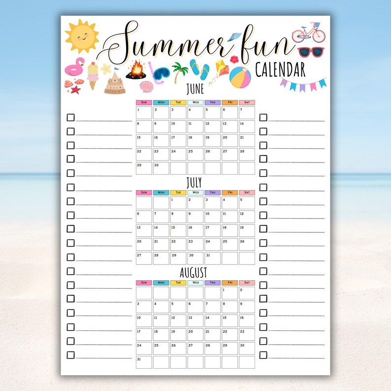 Editable Summer Calendar Summer Fun Bucket List Family Planner ...