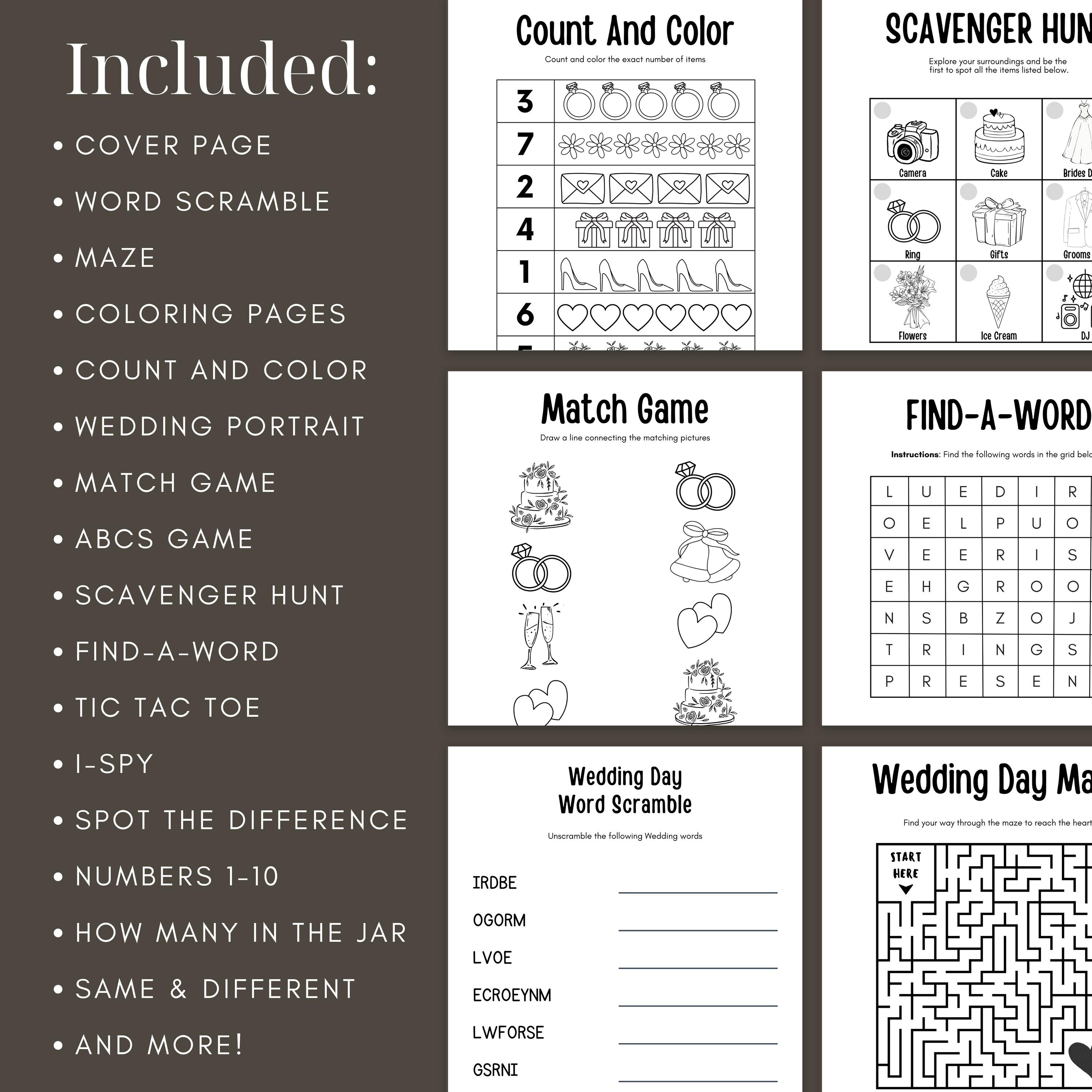 Kids Wedding Activity Book Wedding Coloring Pages Wedding Table Games ...
