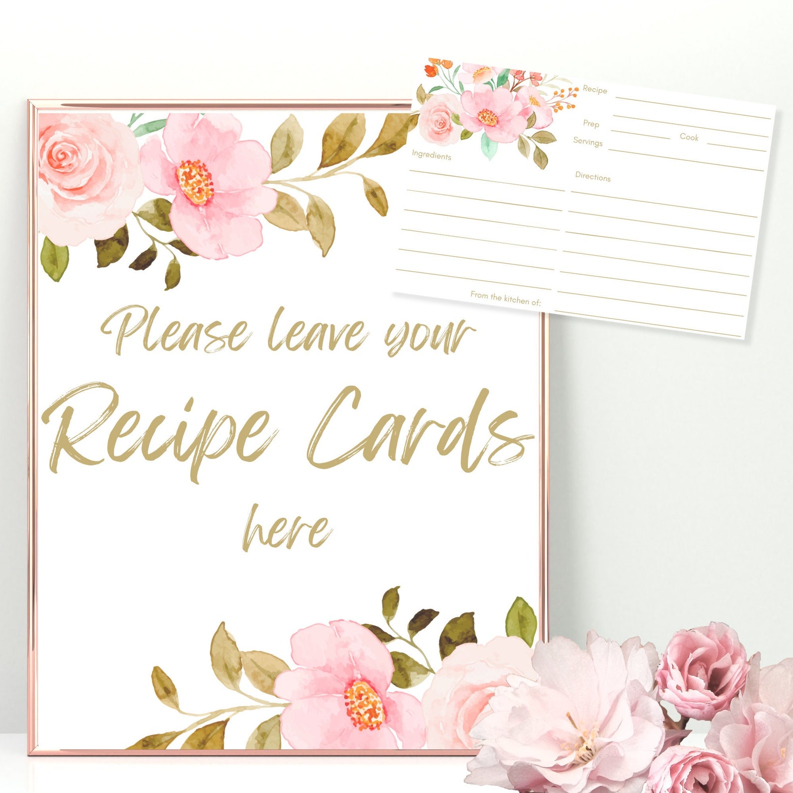Printable Recipe Cards and Recipe Card Sign, Bridal Shower, Recipe Card ...