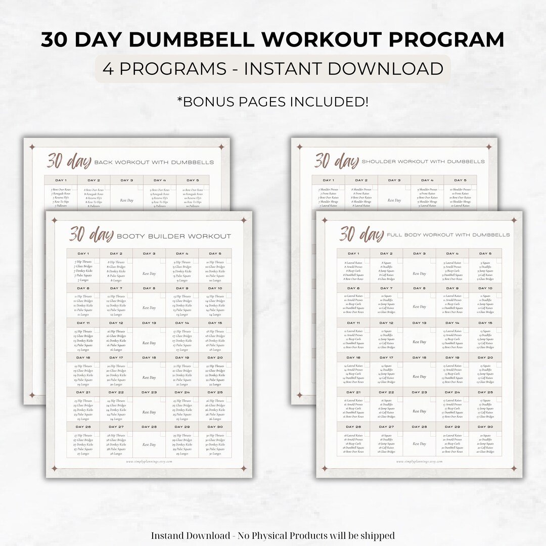 30 Day Dumbbell Fitness Plan, 4 Workout Plans, Easy to Follow Gym ...