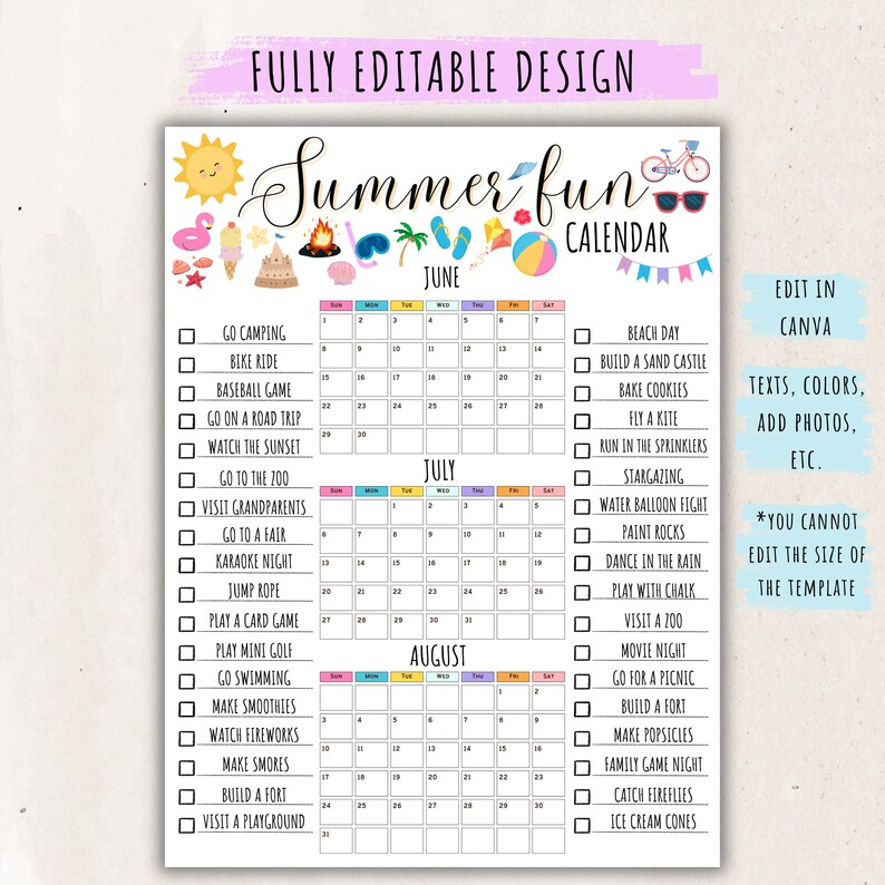 Editable Summer Calendar Summer Fun Bucket List Family Planner ...