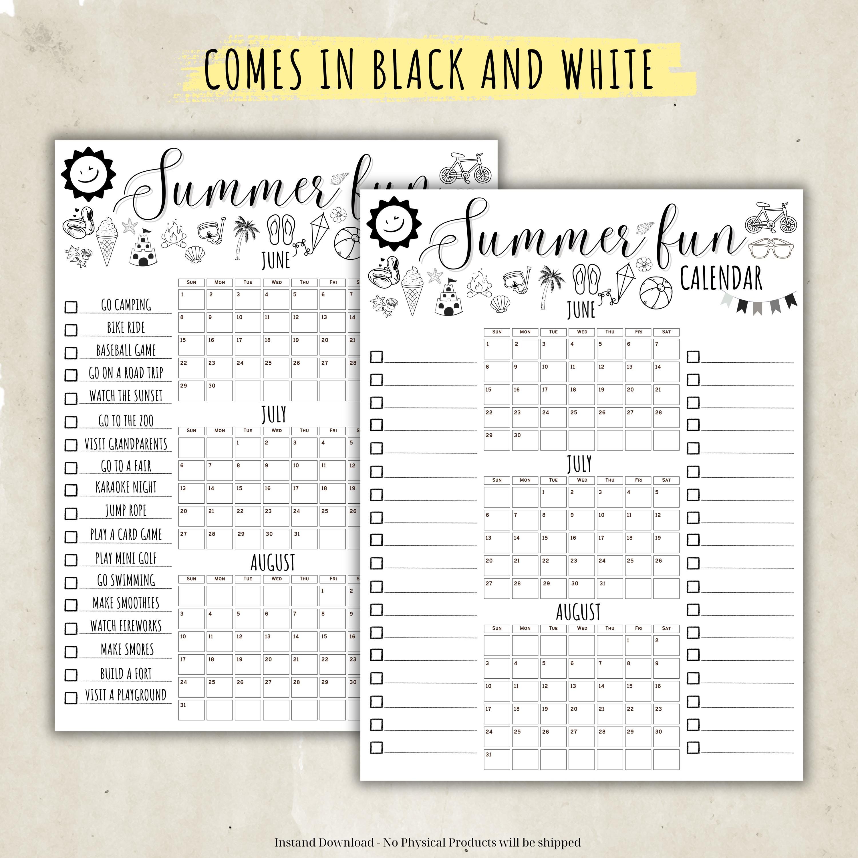 Editable Summer Calendar Summer Fun Bucket List Family Planner ...