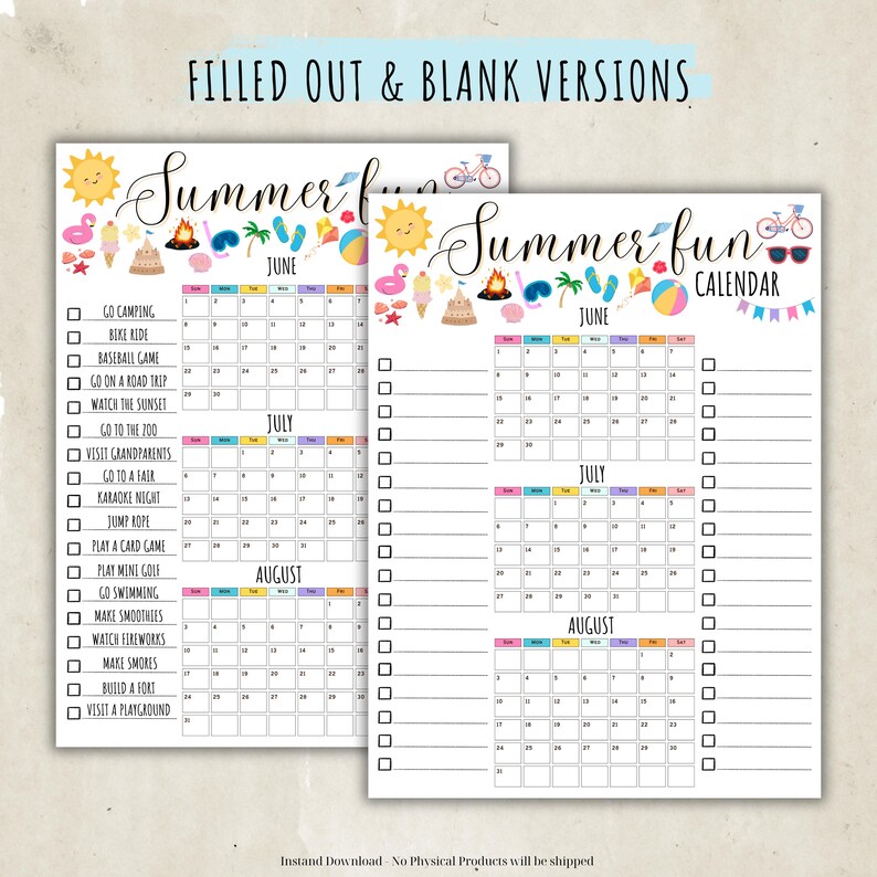 Editable Summer Calendar Summer Fun Bucket List Family Planner ...