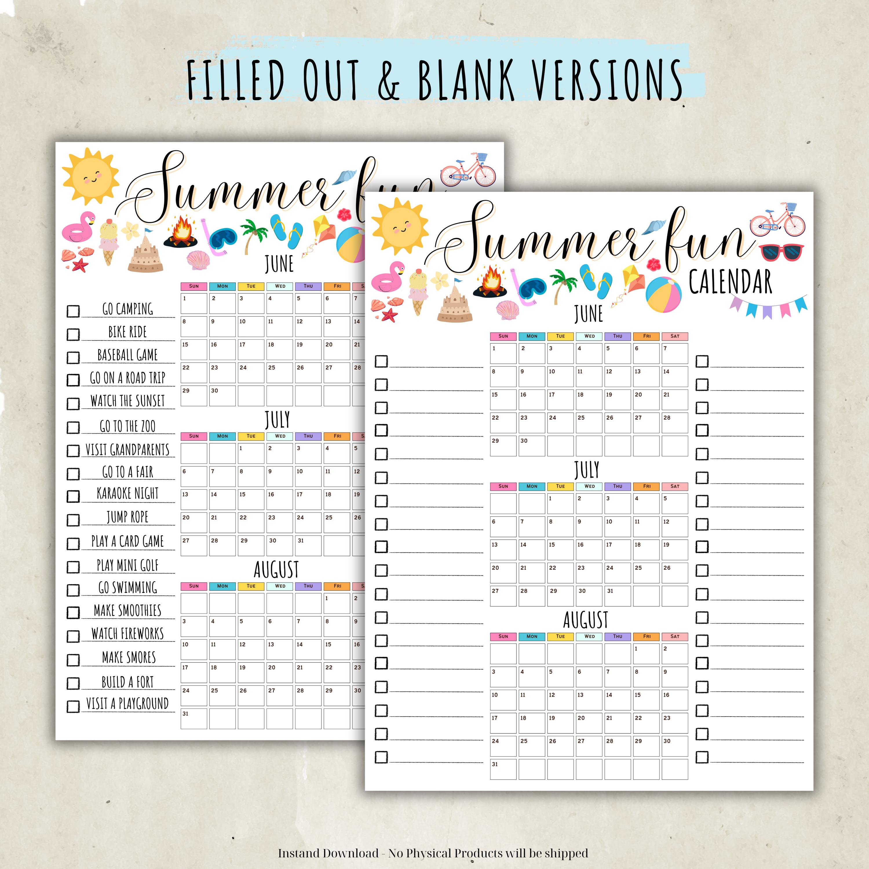 Editable Summer Calendar Summer Fun Bucket List Family Planner ...