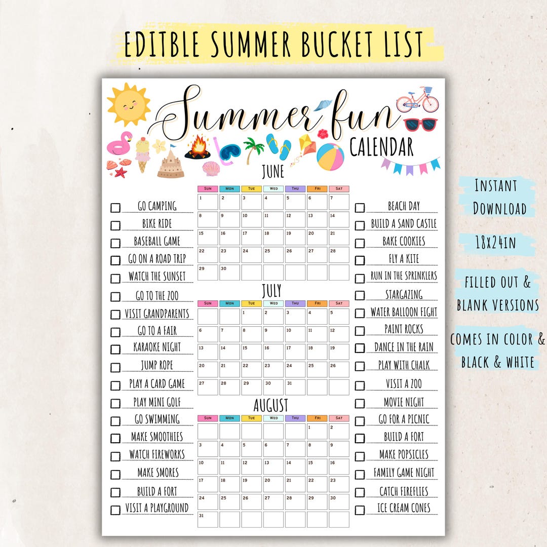 Editable Summer Calendar Summer Fun Bucket List Family Planner ...