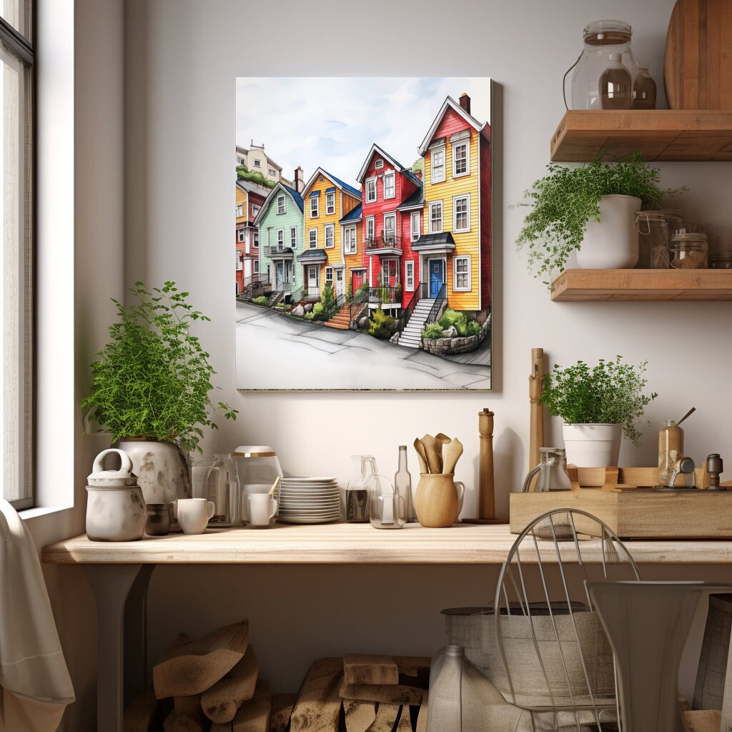 Colorful Sketch Row of Houses in Newfoundland Digital Wall Art 2 - Etsy