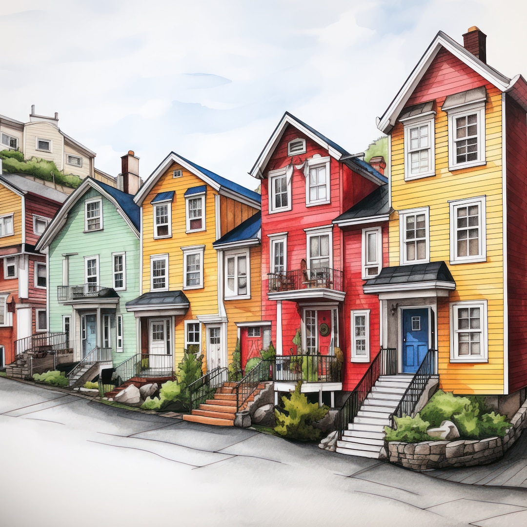 Colorful Sketch Row of Houses in Newfoundland Digital Wall Art 2 - Etsy