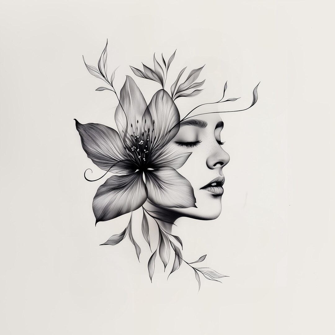 Fine Line Goddess Face Tattoo Design, Young Woman's Face With Lily and Leaves, Botanical and ...
