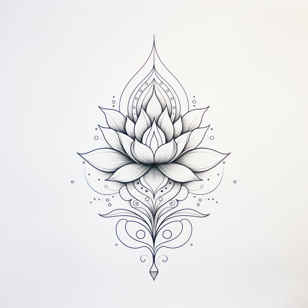 Ornamental Fine Line Boho Lotus Tattoo Design, July Birth Flower ...