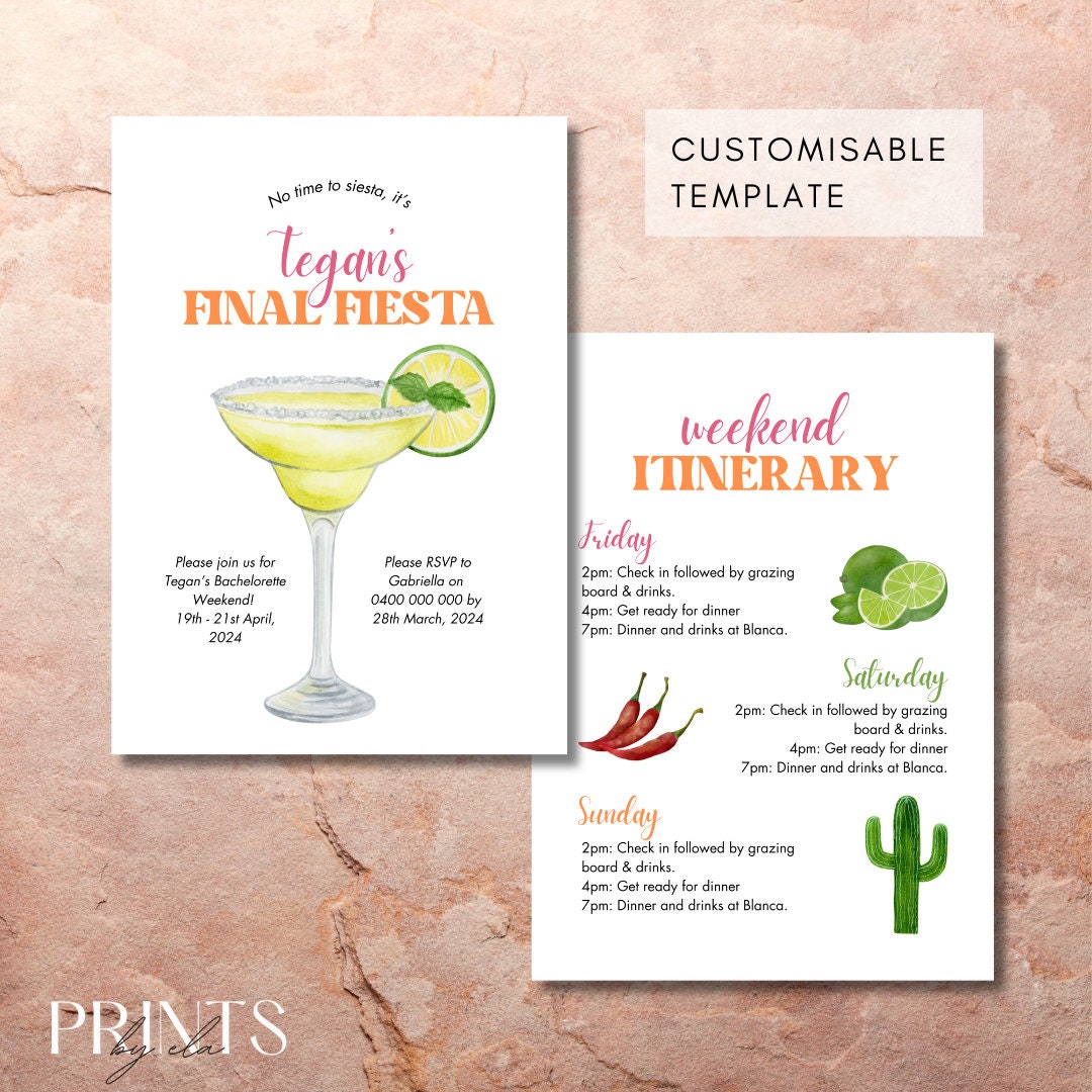 Final Fiesta Bachelorette Invitation and Itinerary Canva Template ...